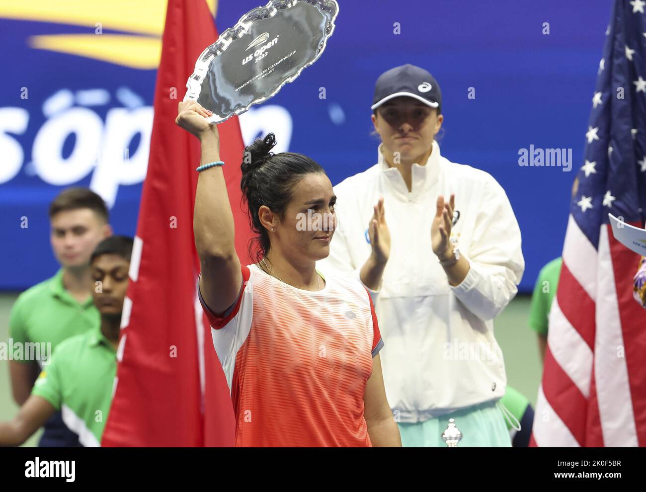 Finalist Ons Jabeur of Tunisia, winner Iga Swiatek of Poland during the ...