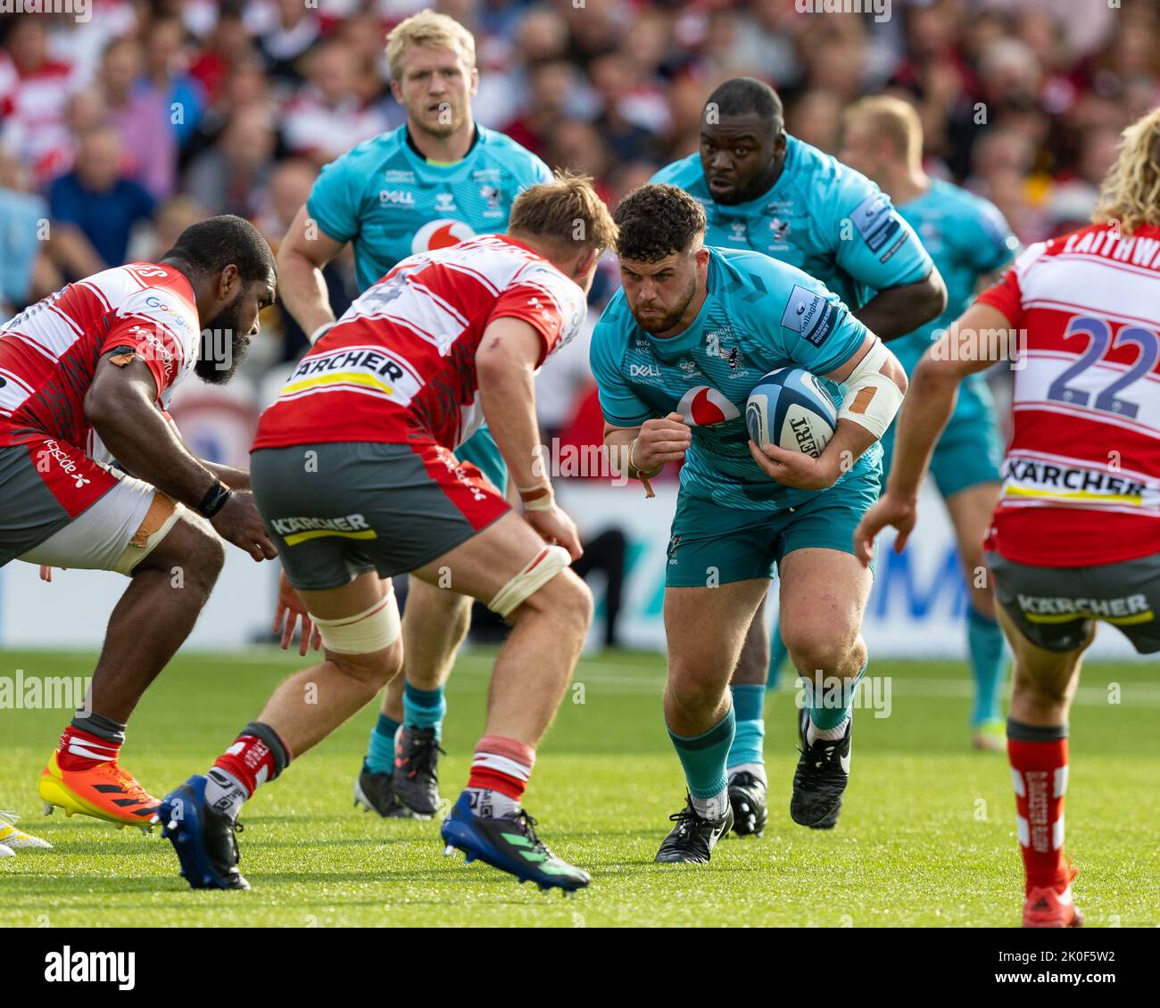 Alfie Barbeary of Wasps Rugby barges into the challenge of Albert ...