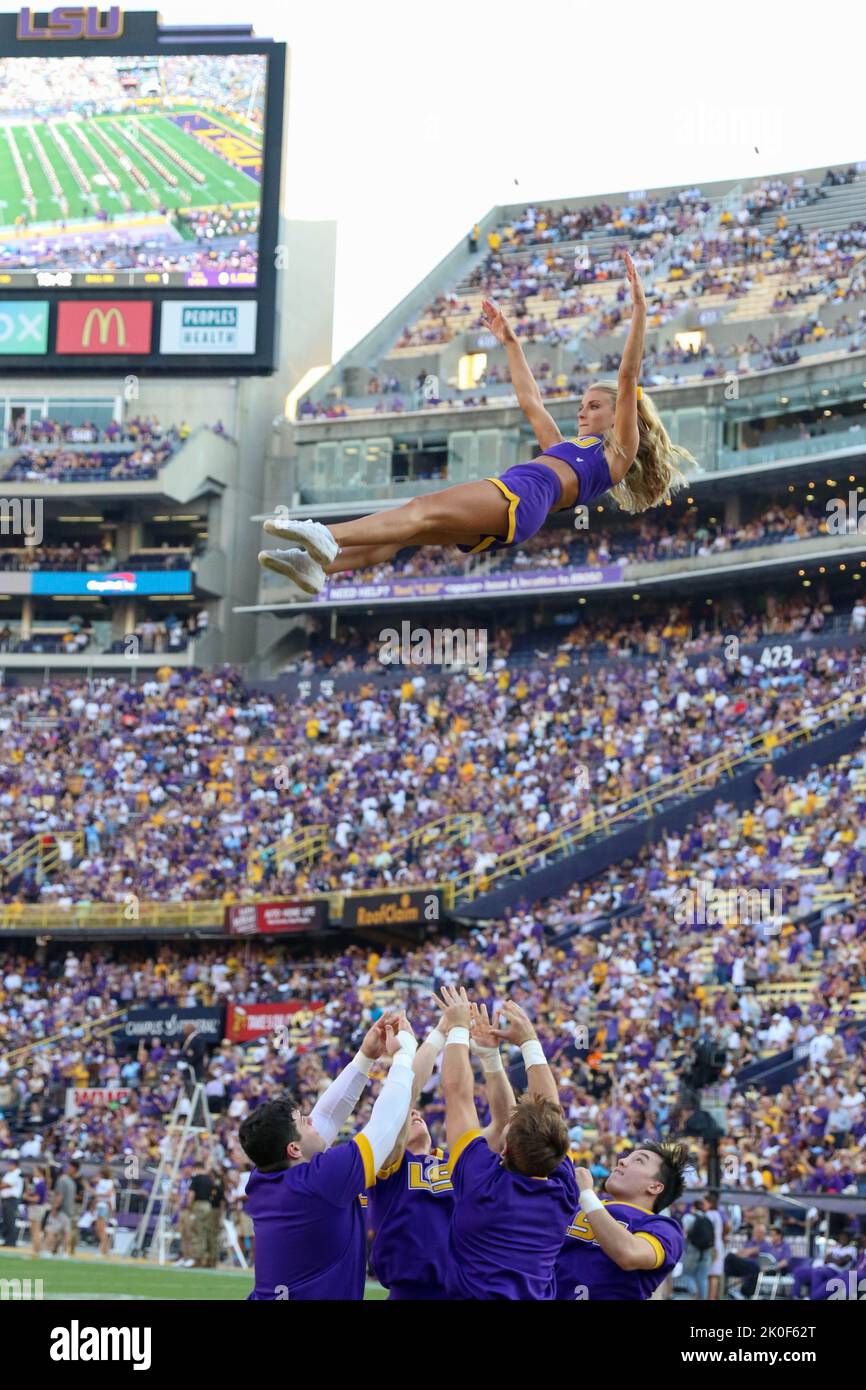 Baton Rouge, LA, USA. 10th Sep, 2022. A LSU cheerleader flies through ...