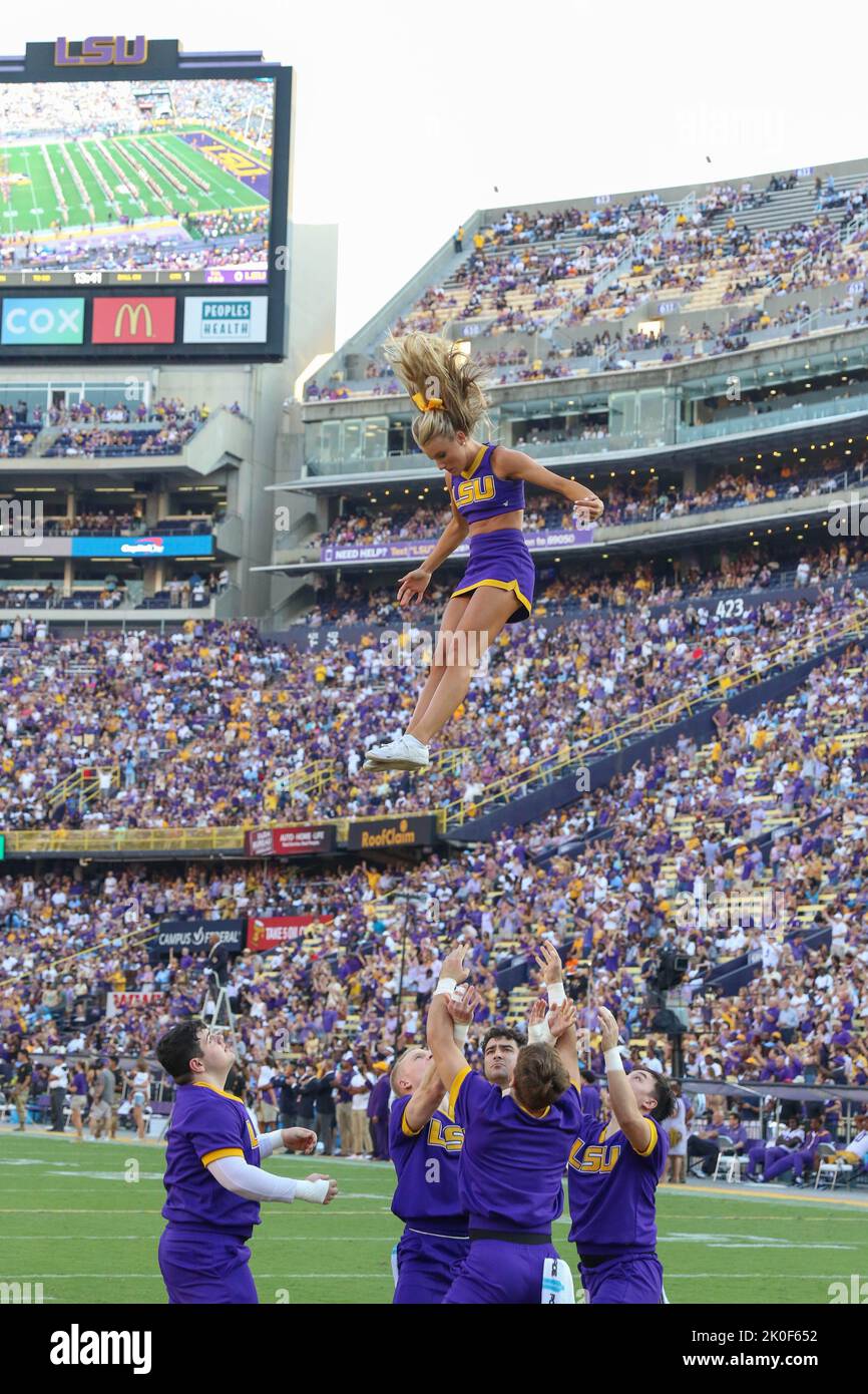Baton Rouge, LA, USA. 10th Sep, 2022. A LSU cheerleader flies through ...