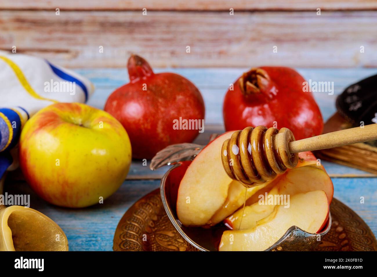 Jewish New Year on Rosh Hashanah these shofars, honey jars, apples and ...