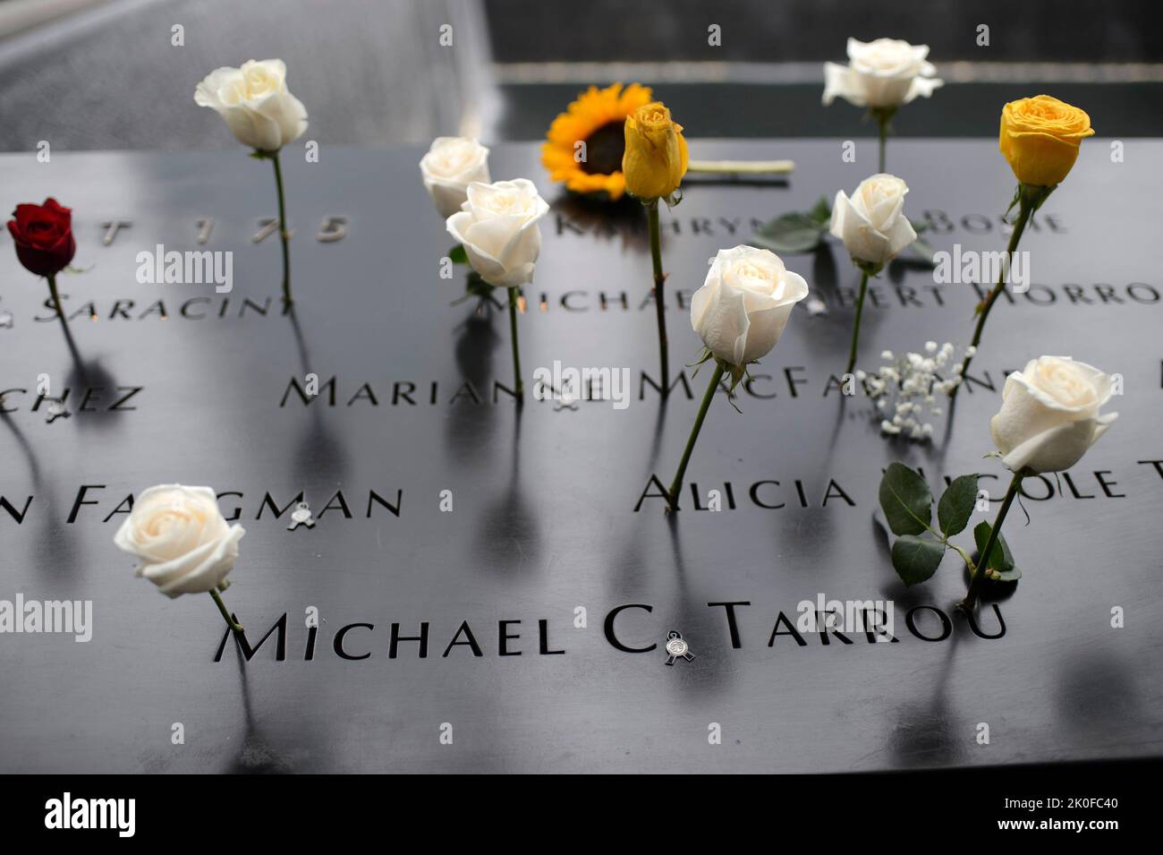 Flowers stand in names at the National September 11th Memorial to ...
