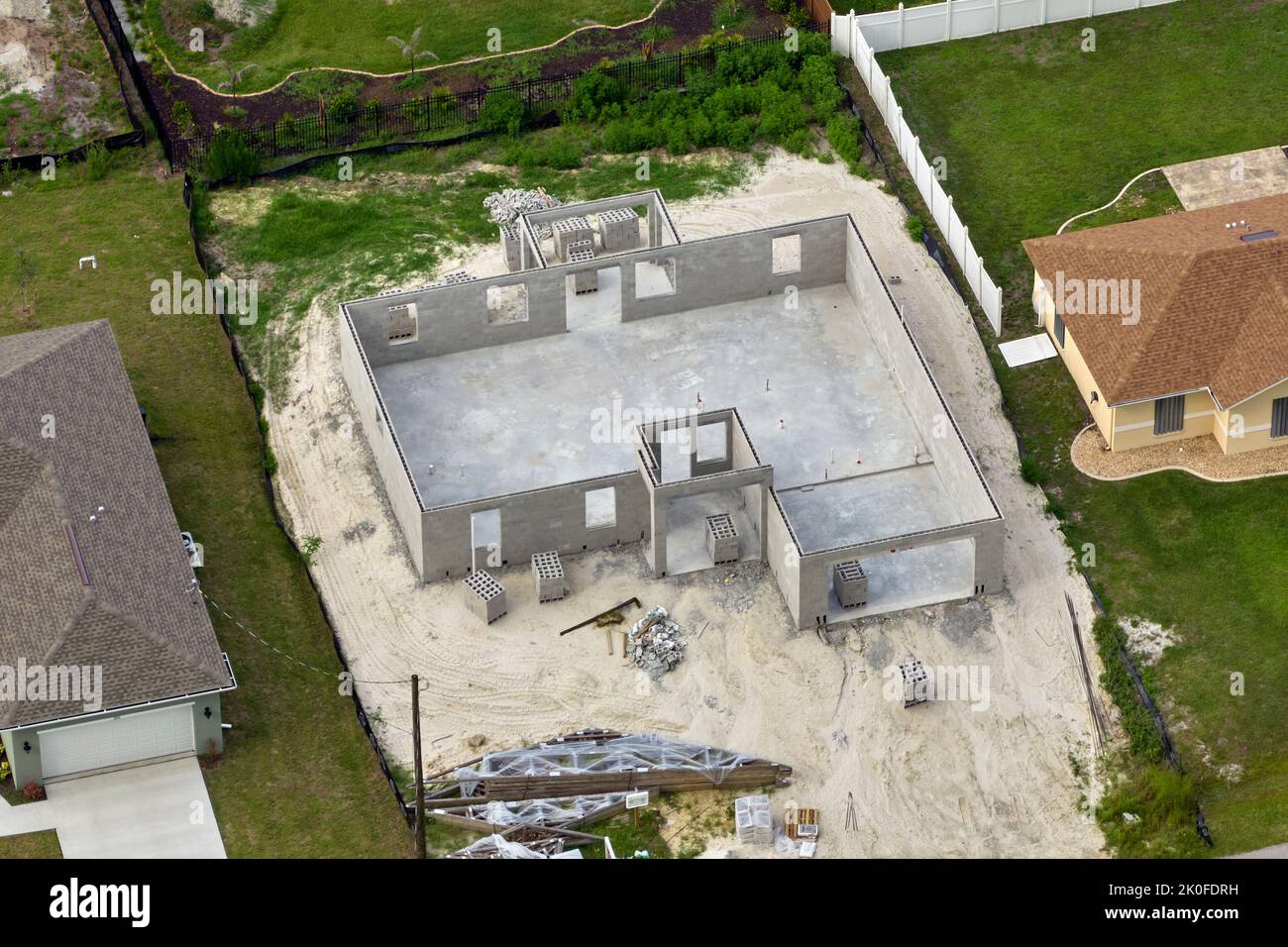 Aerial view of incompleted frame of private home under construction ...