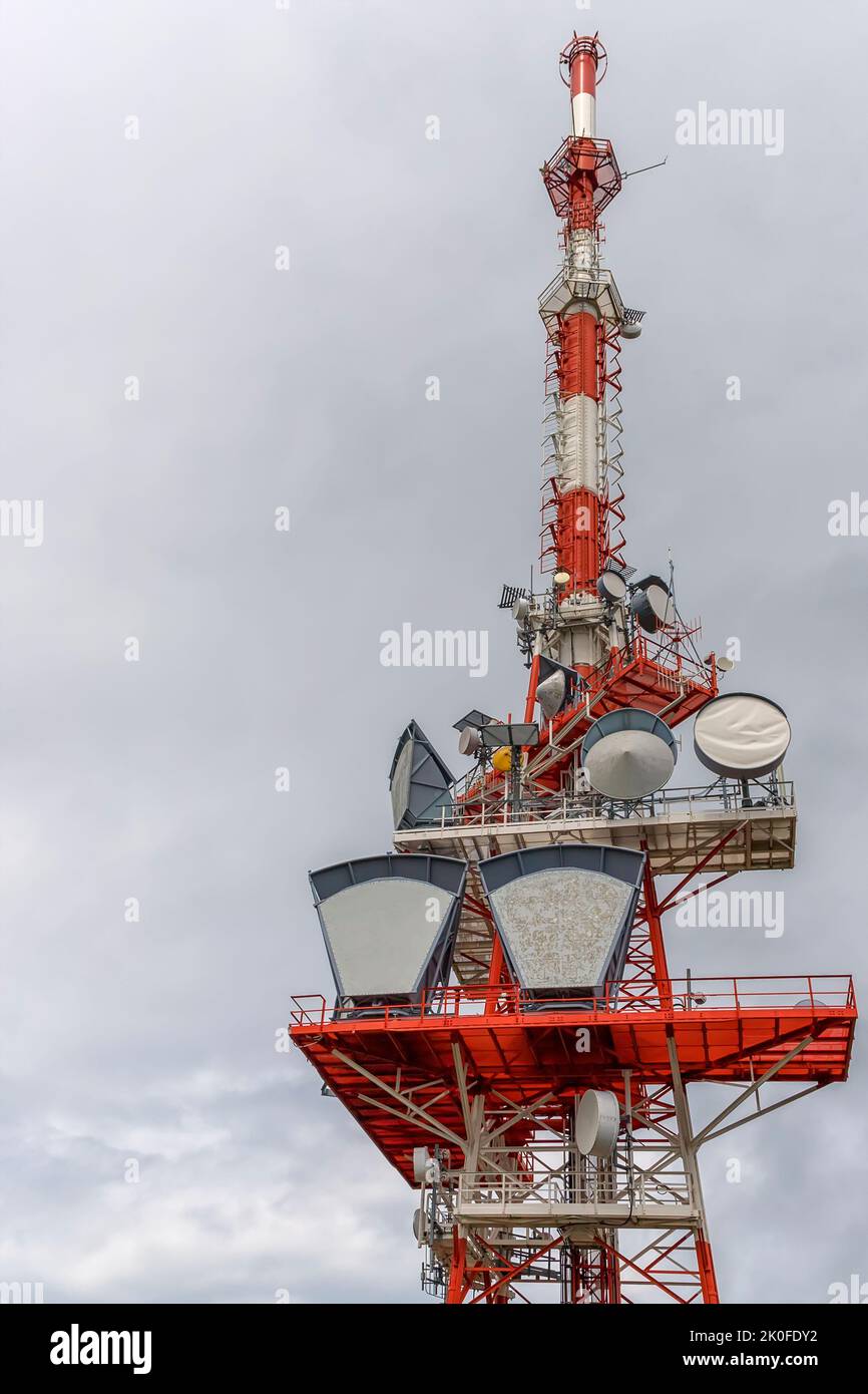 A part of communication tower with control devices and antennas, transmitters and repeaters for ...