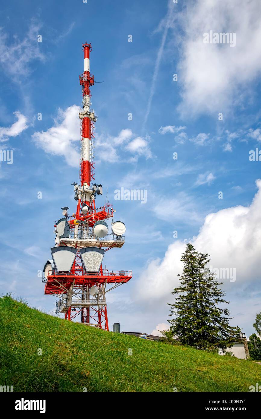 A part of communication tower with control devices and antennas, transmitters and repeaters for ...