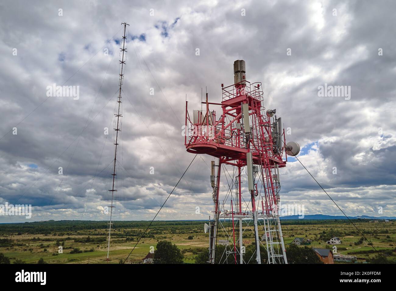 Aerial view of telecommunications cell phone tower with wireless ...
