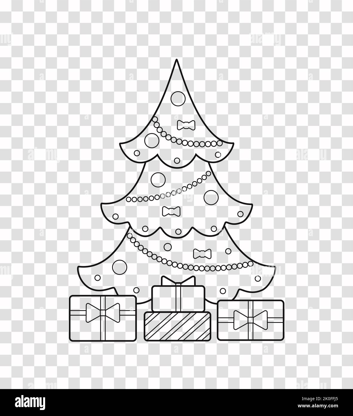 Christmas tree is decorated with garlands and gifts. In line art. On ...