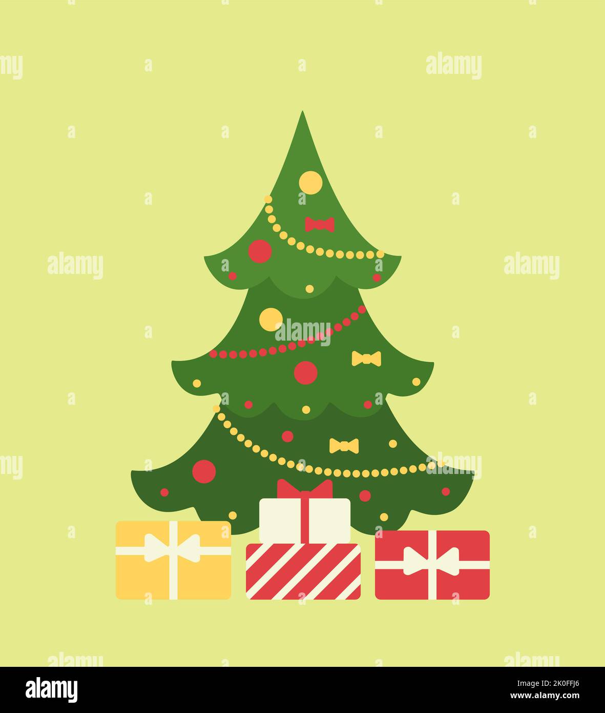 Christmas tree decorated with garlands, with gifts. Cartoon flat style ...