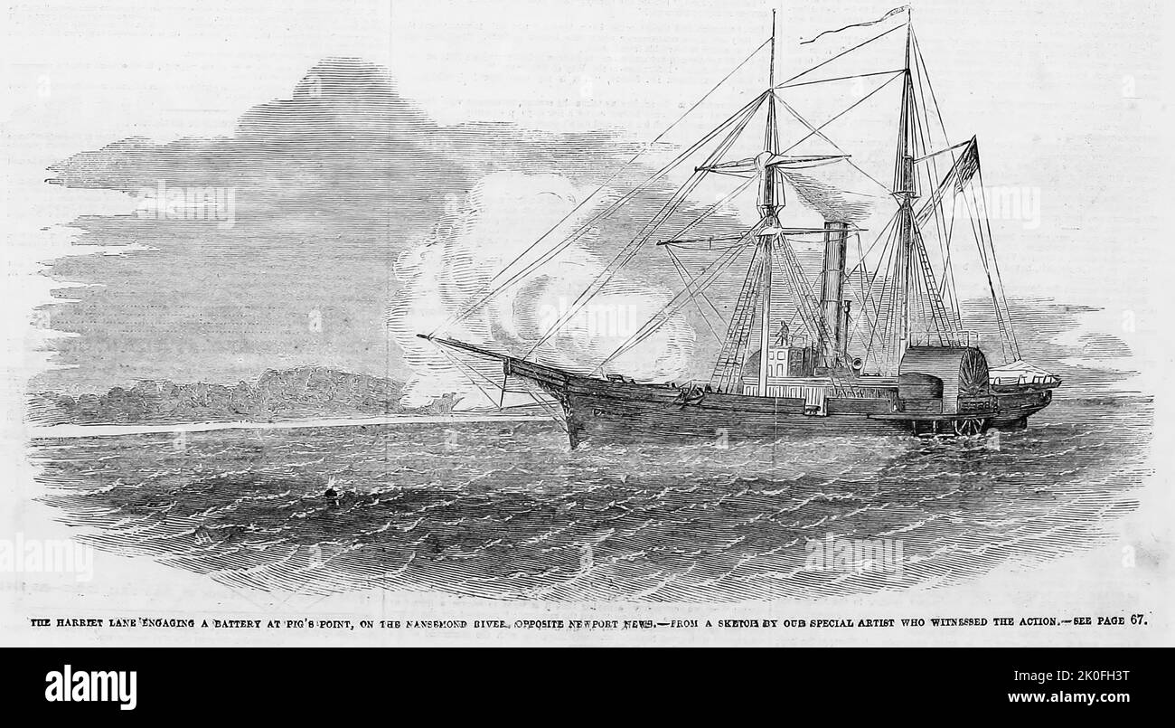 The USRC Harriet Lane engaging a battery at Pig's Point, on the ...