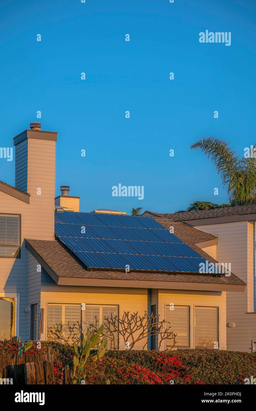 House with solar panels on roof at Del Mar Southern California against ...