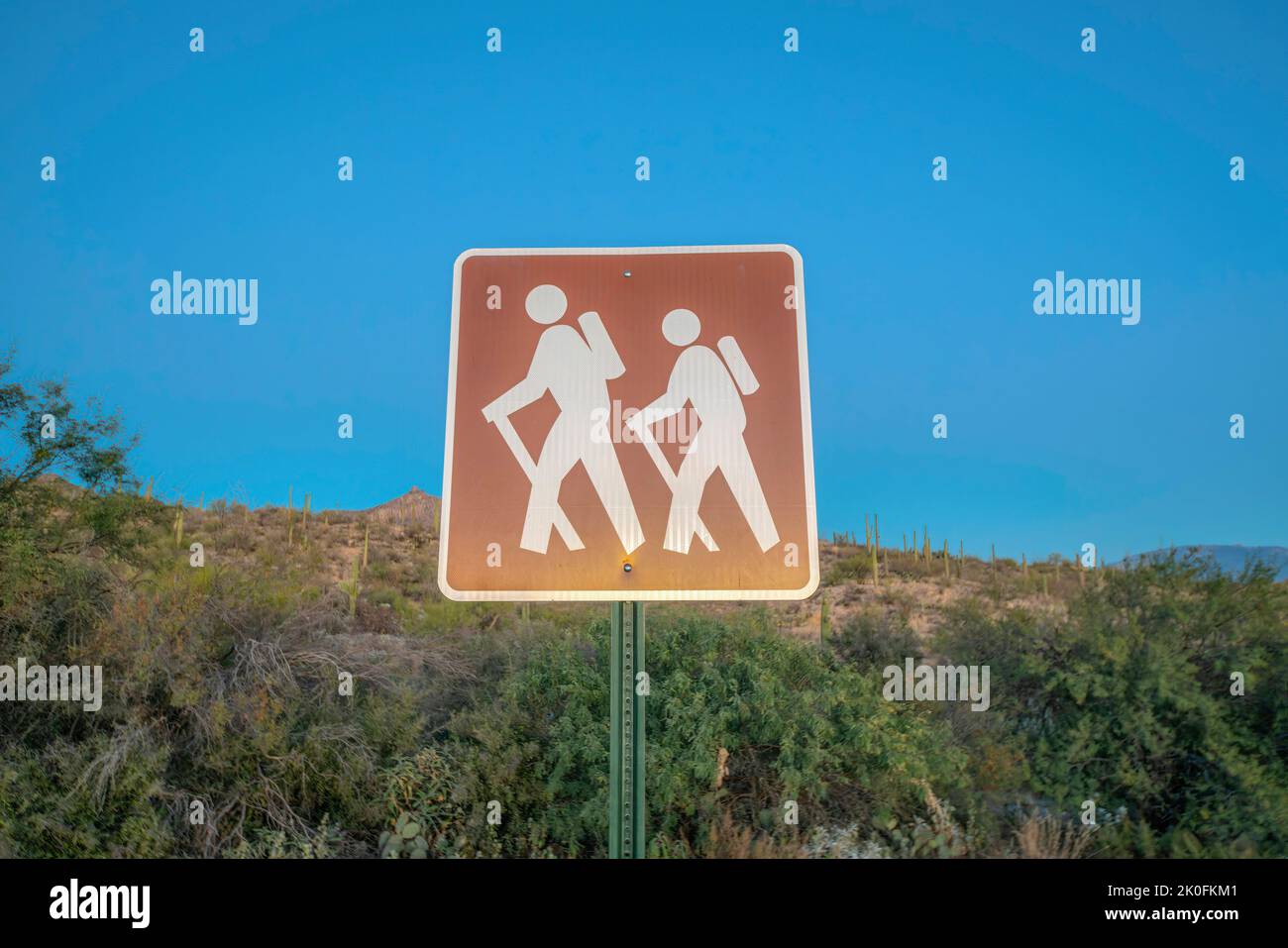 Hiking trail sign post against the slope and blue sky at Sabino Canyon ...