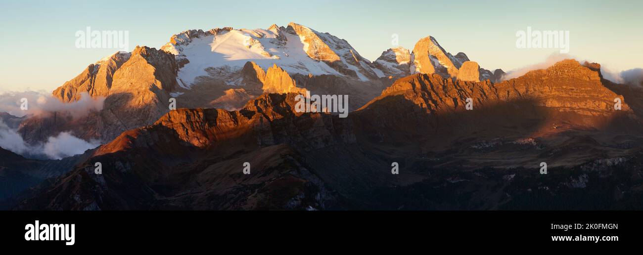 Evening sunset panoramic view of mount Sella, Italy dolomites mountains ...