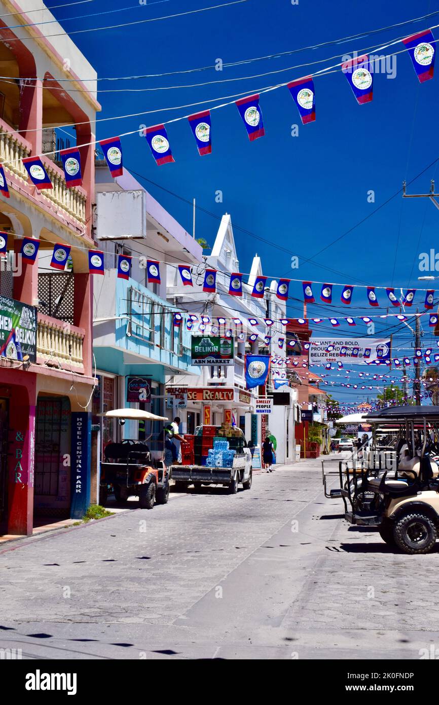The streets of San Pedro Town, Ambergris Caye, Belize decorated for St ...