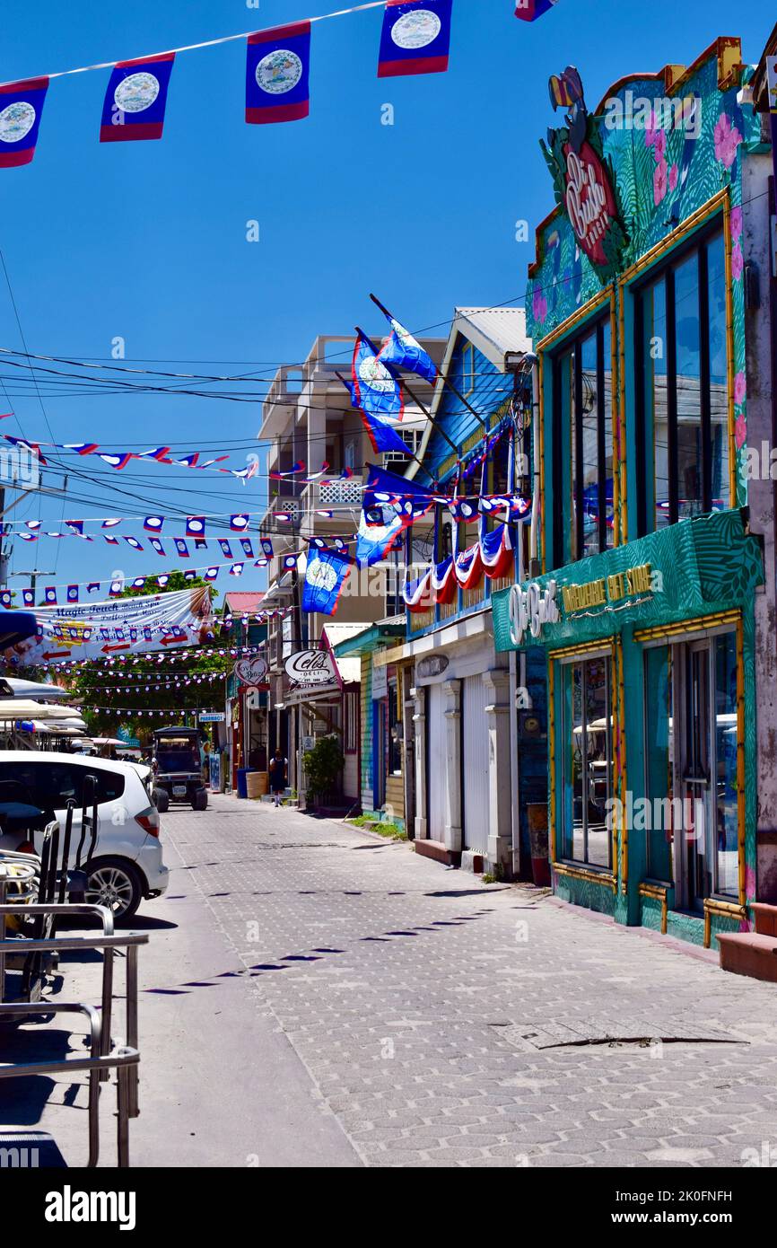 The streets of San Pedro Town, Ambergris Caye, Belize decorated for St ...