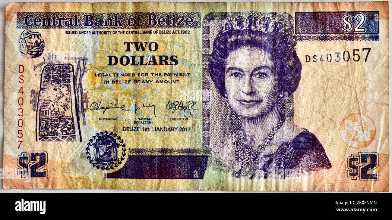A $2 Belizean dollar bill with Queen Elizabeth II's image on it Stock ...
