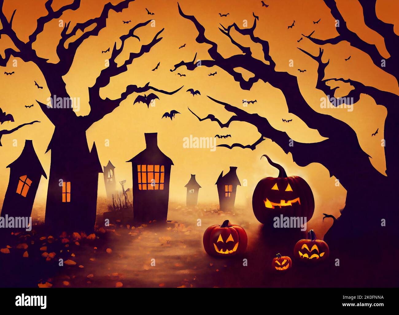 Halloween town in spooky forest Stock Photo - Alamy