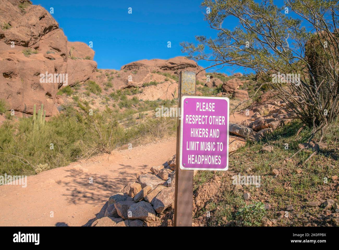 Camelback Mountain, Phoenix, Arizona- Sign post with Please respect ...