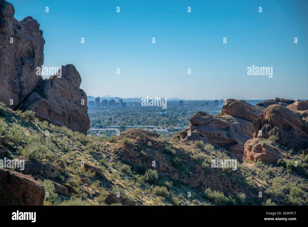 View of buildings from the hiking trail at Camelback Mountain in ...
