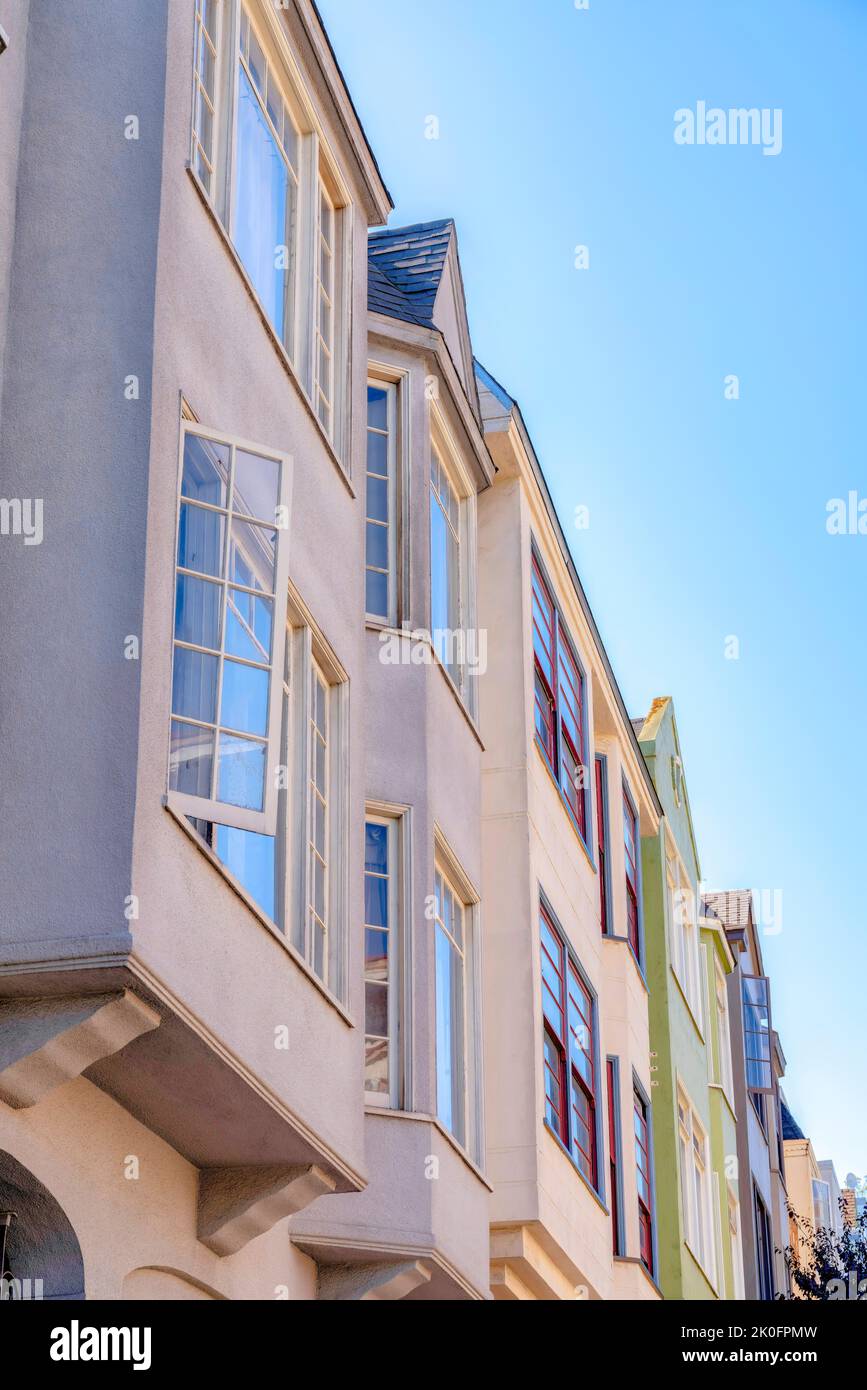 Casement windows of houses against the sky in San Francisco, California ...