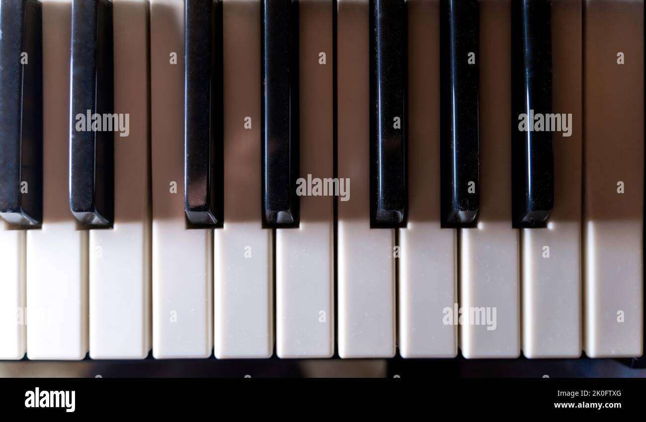 Old dusty black and white piano keys wallpaper or background, view from ...