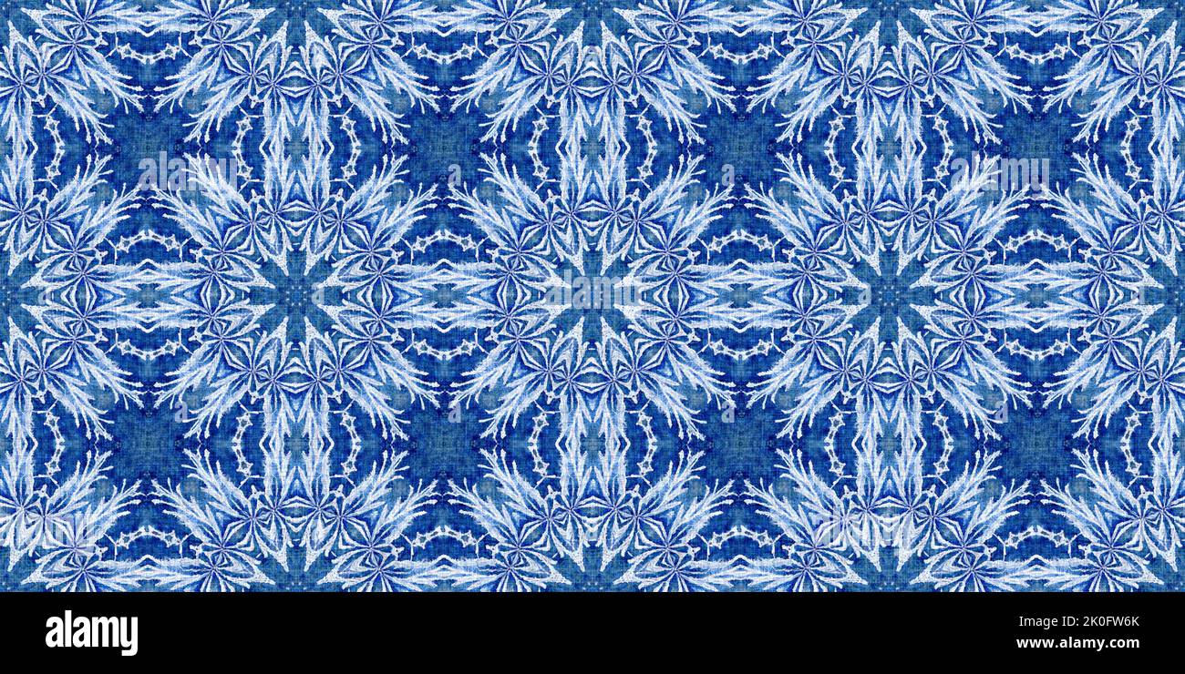 Indigo blue snow flake border batik. Frosty batik painterly effect ...