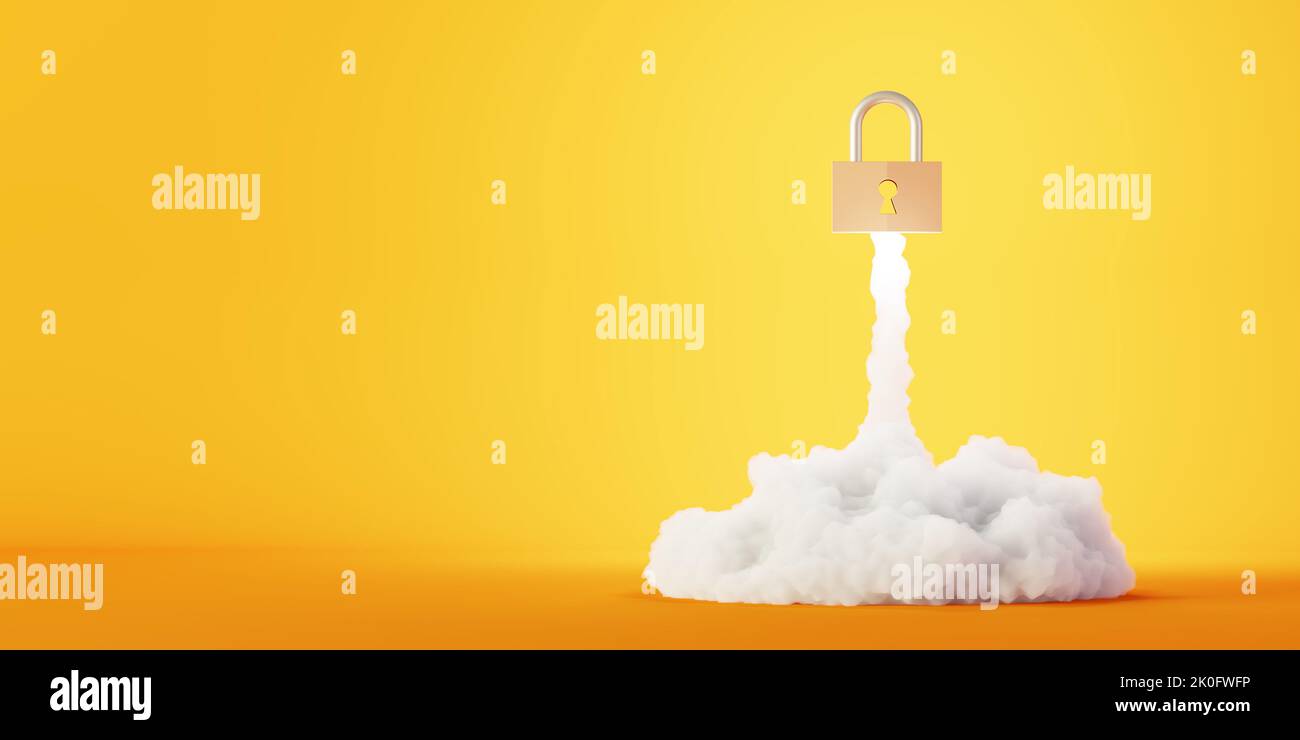 Padlock rocket, safety and self confidence concepts, 3d rendering Stock ...