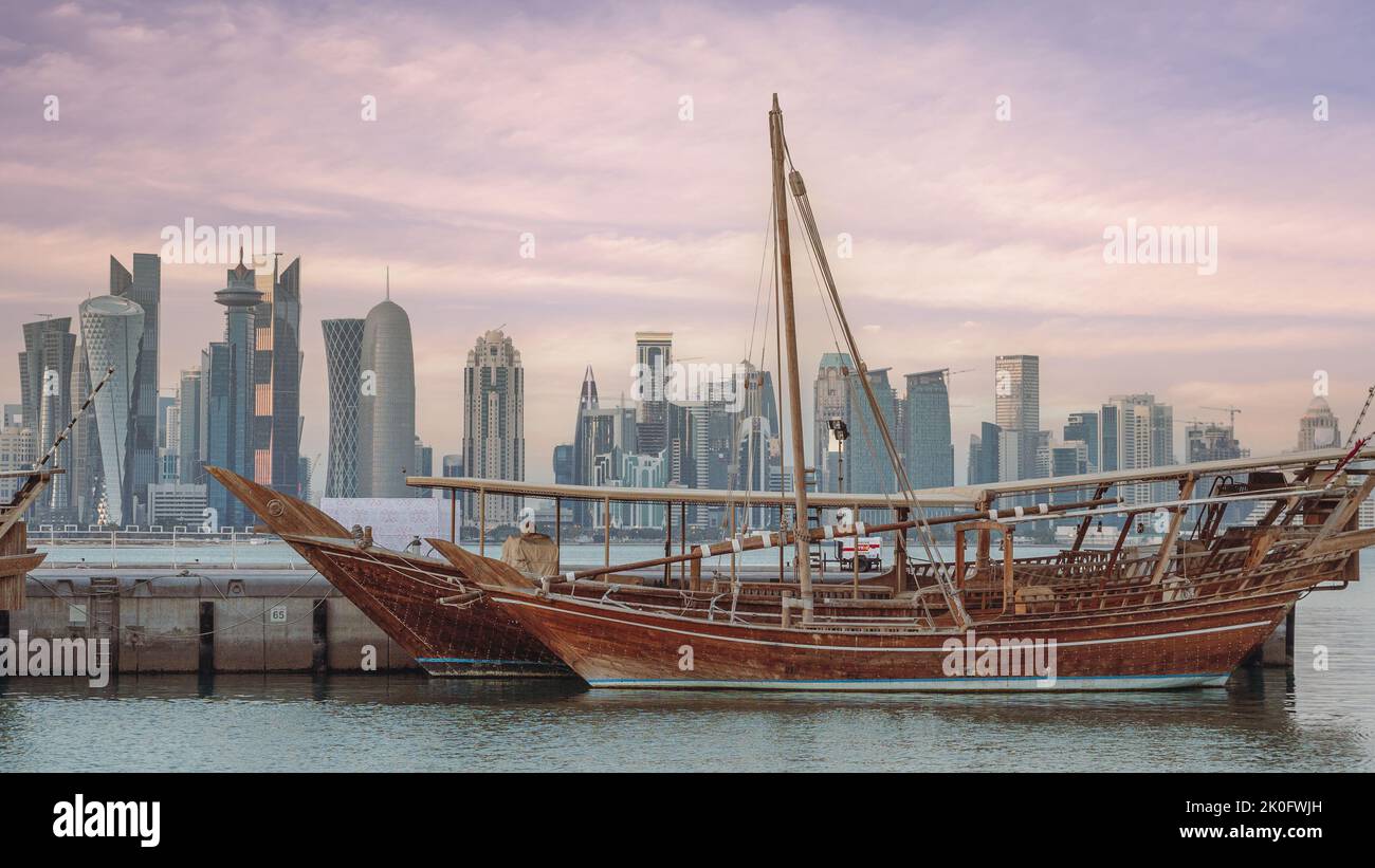 Doha, Qatar- August 05,2022: traditional dhows at Qatar corniche, with ...