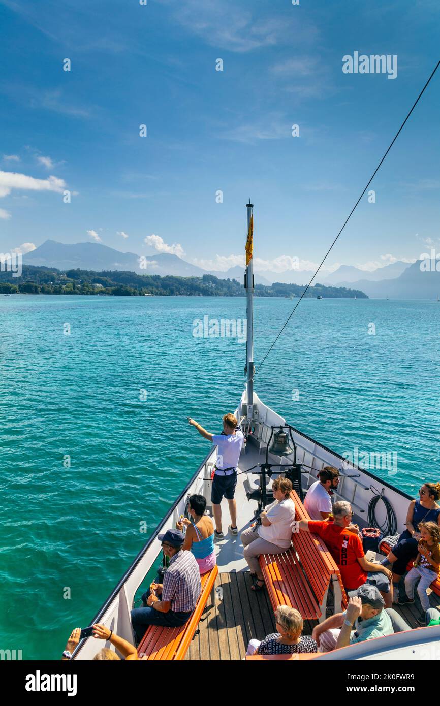 People enjoying asteam boat ride on Lake Lucerne, Lucerne, Switzerland ...