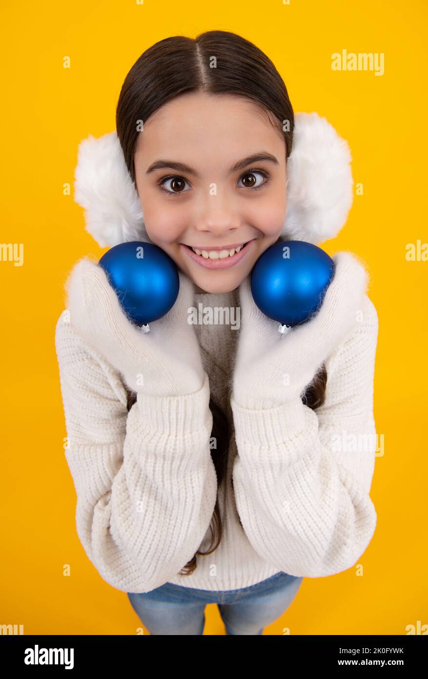 Happy kids face close up. Teenager child santa girl in fur sweater ...