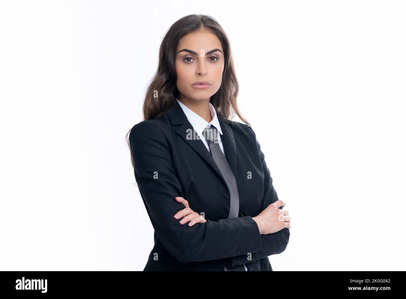 Portrait of business woman in suit crossed arms. Confidence ...