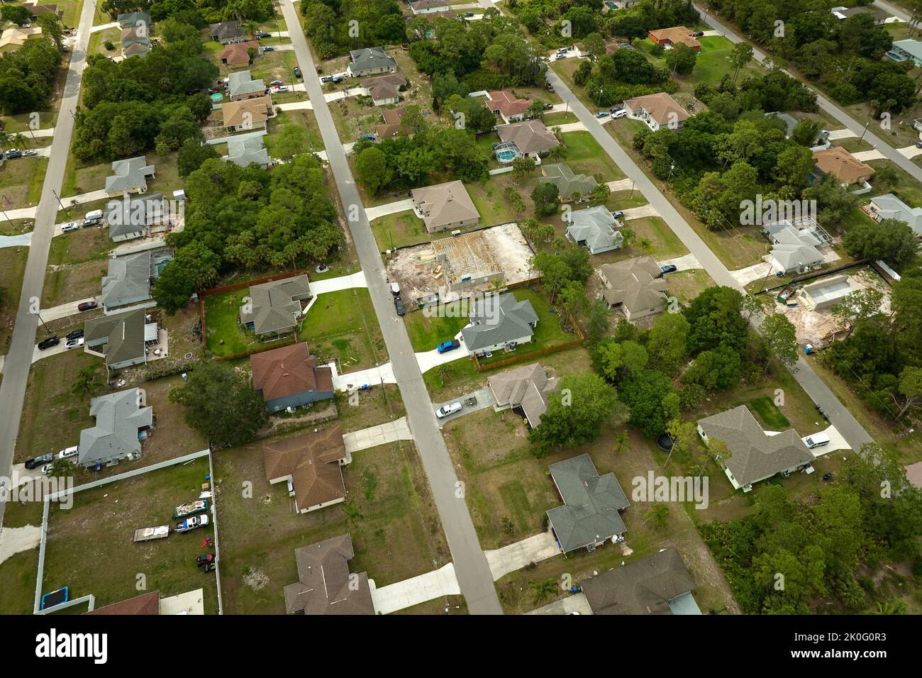 Aerial landscape view of suburban private houses between green palm ...