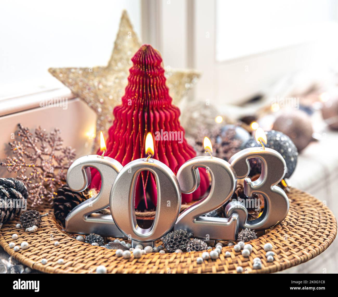 Christmas background with decorative candles 2023 and decor details ...