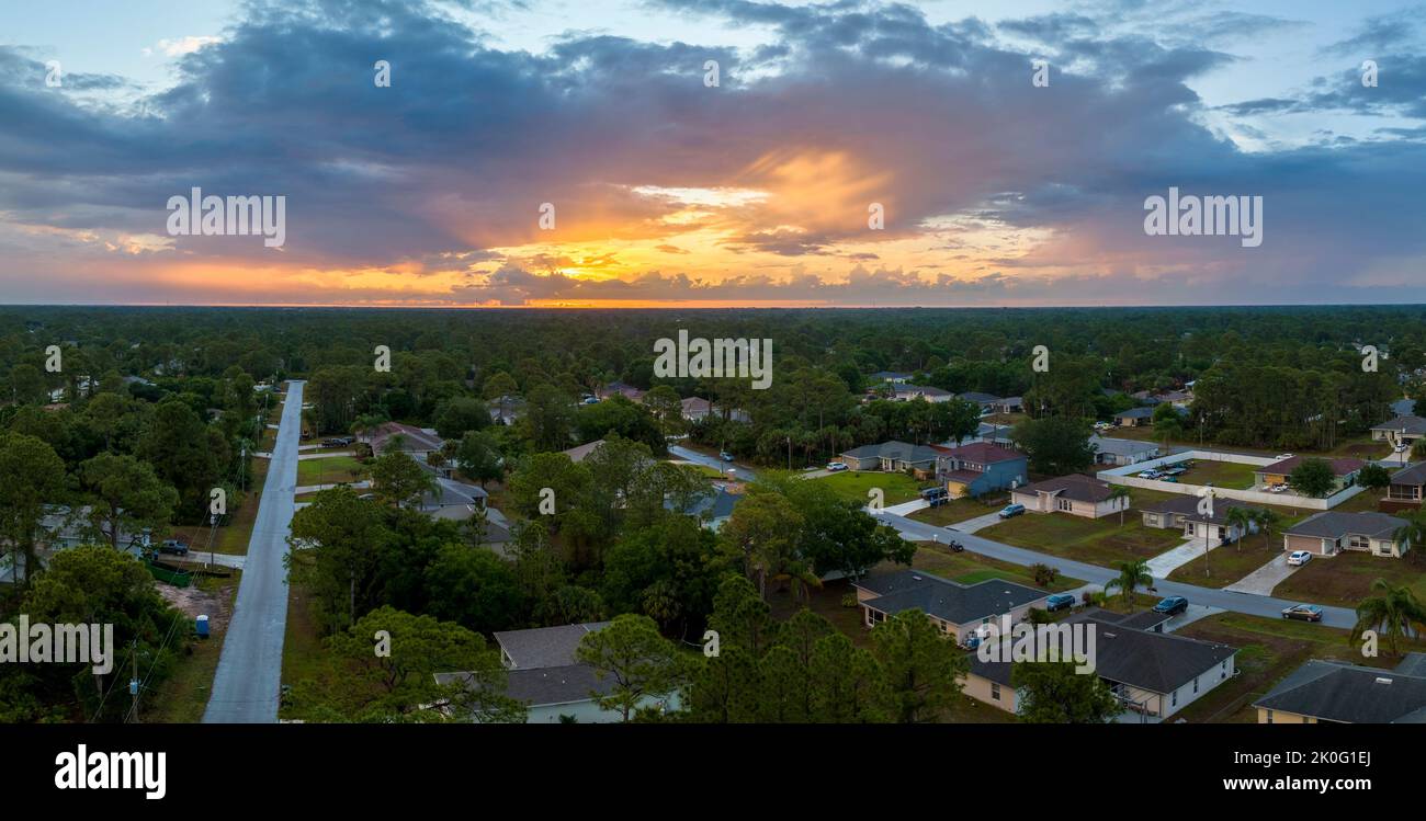 Aerial view of suburban landscape with private homes between green palm ...