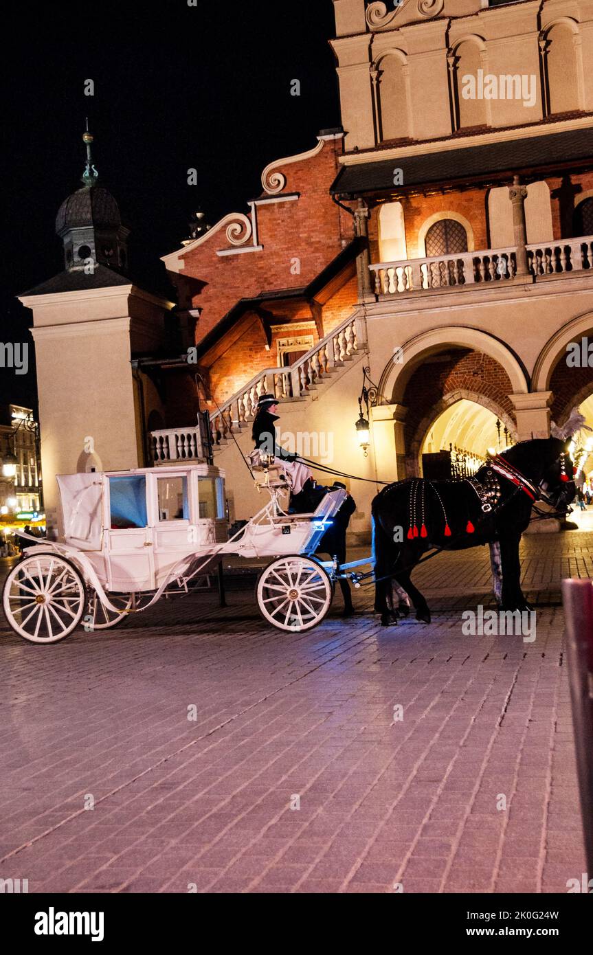 Cloth Hall and horse-drawn carriage rides at the main square in Krakow ...