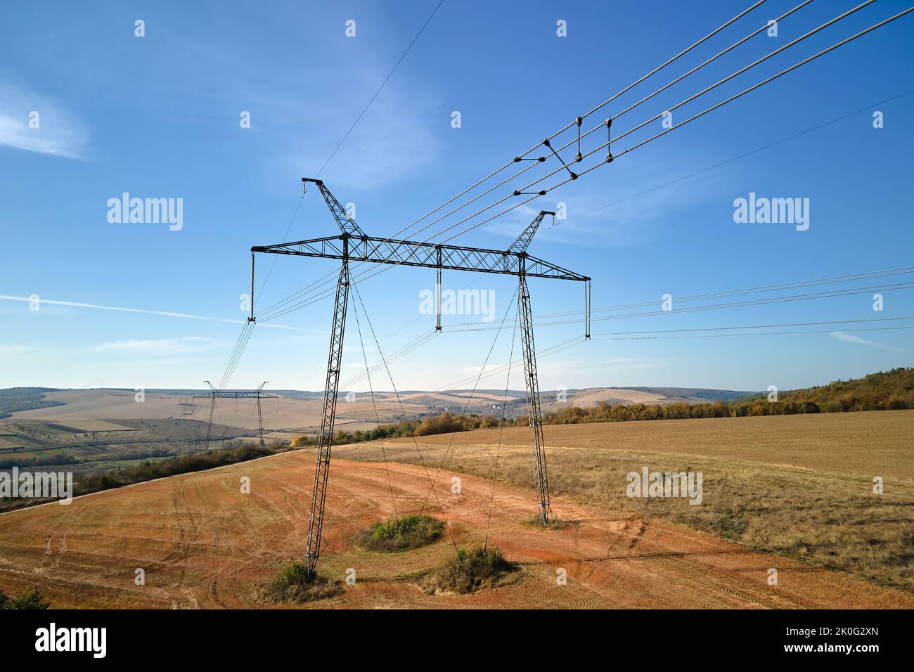 Steel pillar with high voltage electric power lines delivering ...