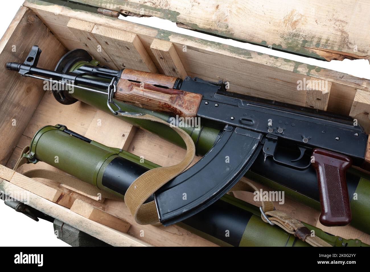 Kalashnikov AK47 gun and "Bazooka" RPG grenade launchers in army green ...