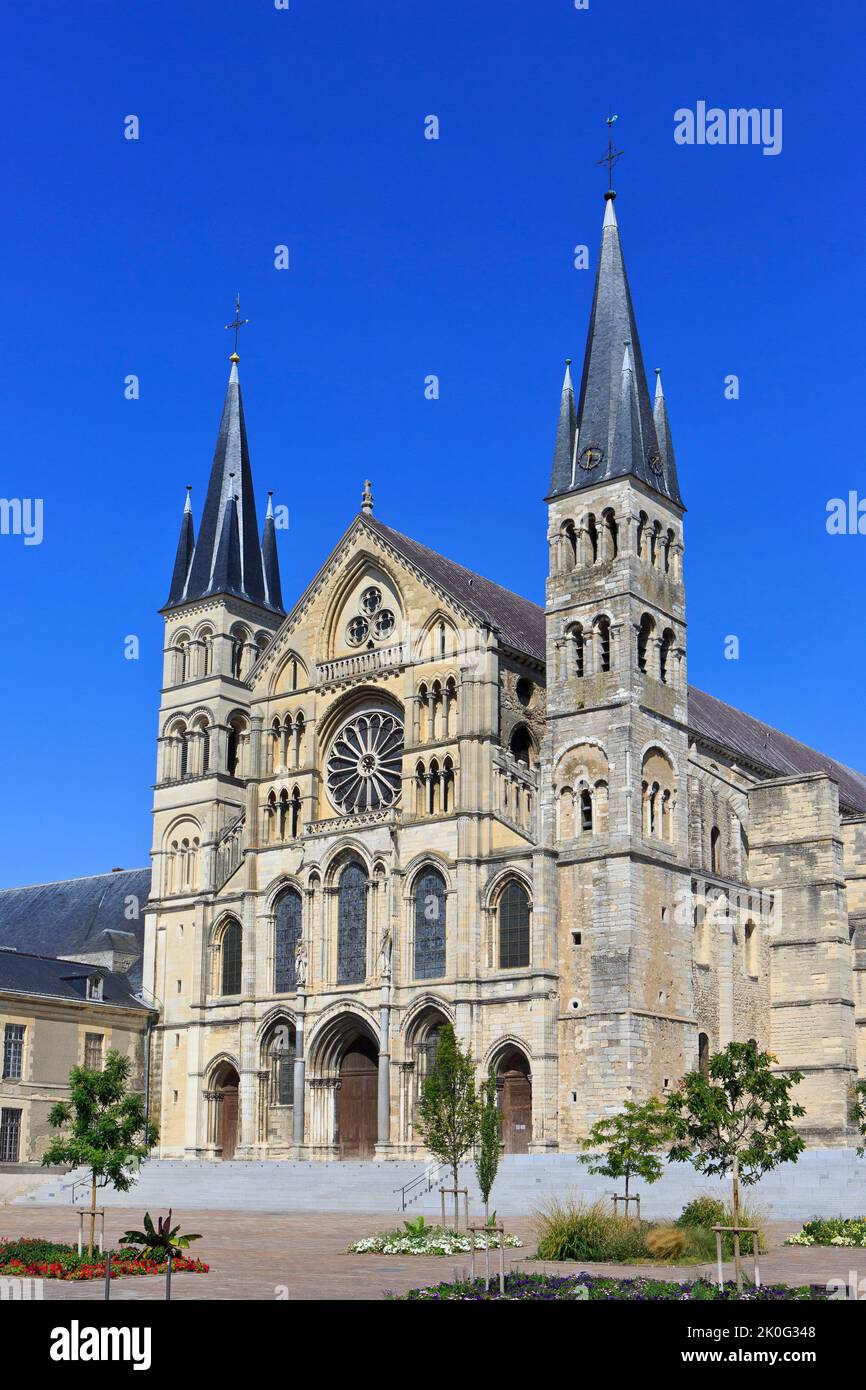 The main entrance of the 11th century Romanesque Basilica of Saint-Remi ...