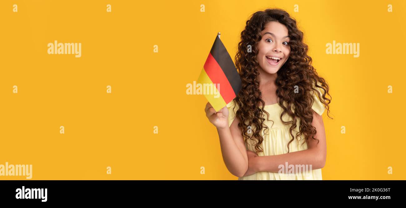 travel to germany. amazed teen girl hold german flag. schengen ...