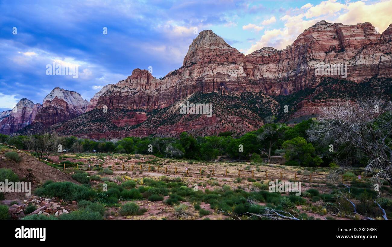 The peaks of Zion National Park along the road to Springdale, Utah, USA ...