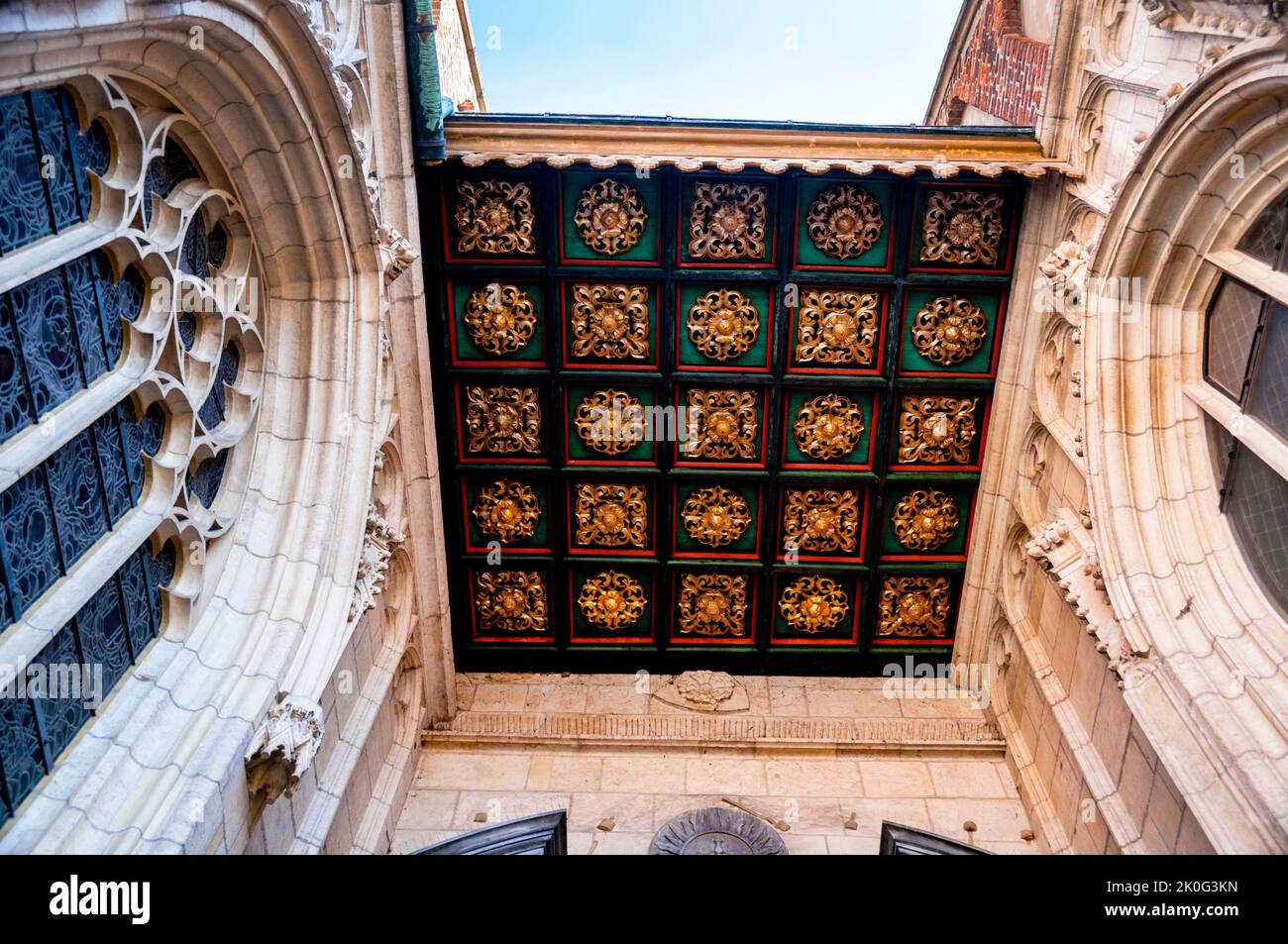 Gothic tracery, pointed arches and coffered ceiling at Wawel Cathedral ...