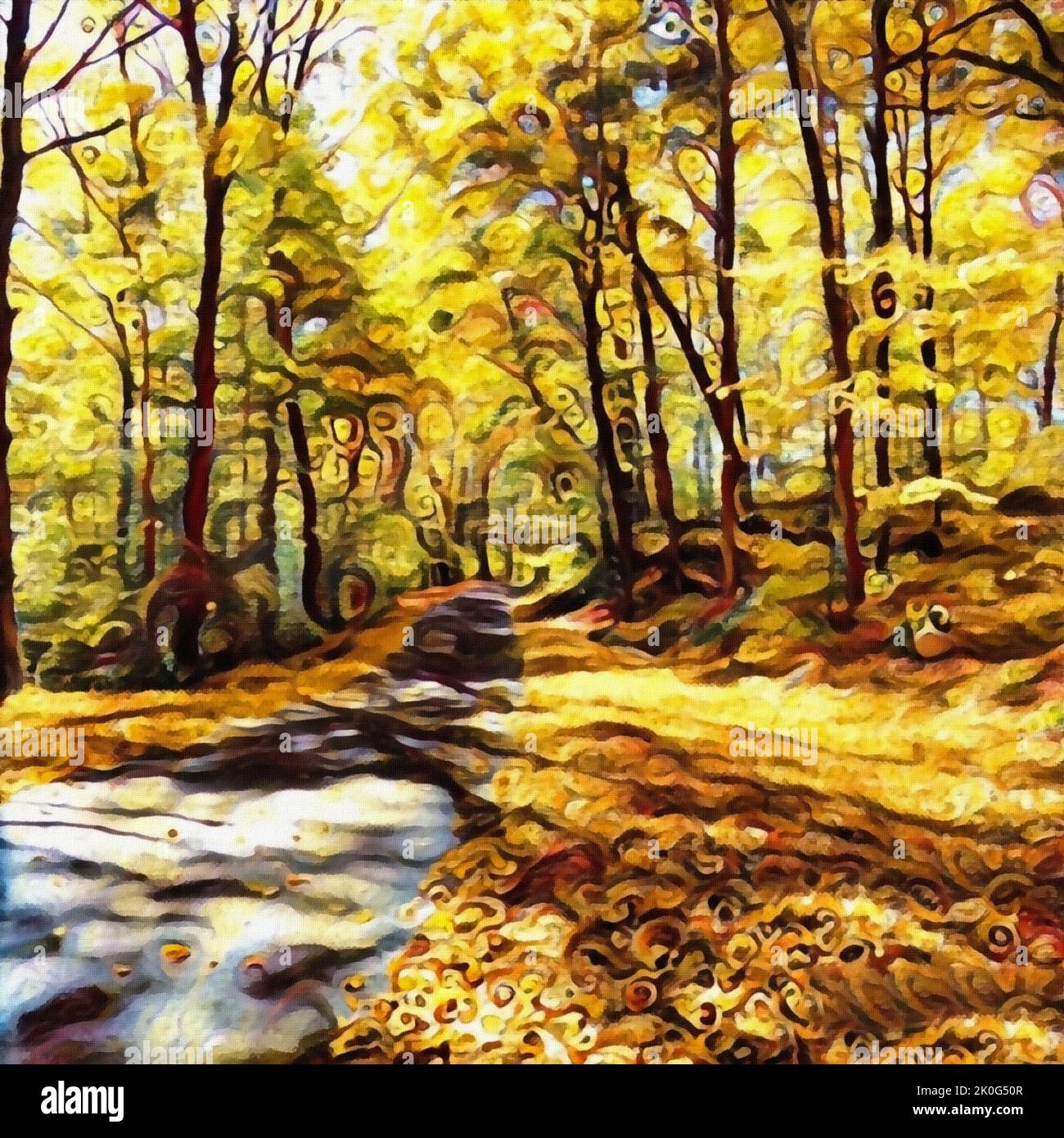 Oil painting. Autumn forest. 3D rendering Stock Photo - Alamy
