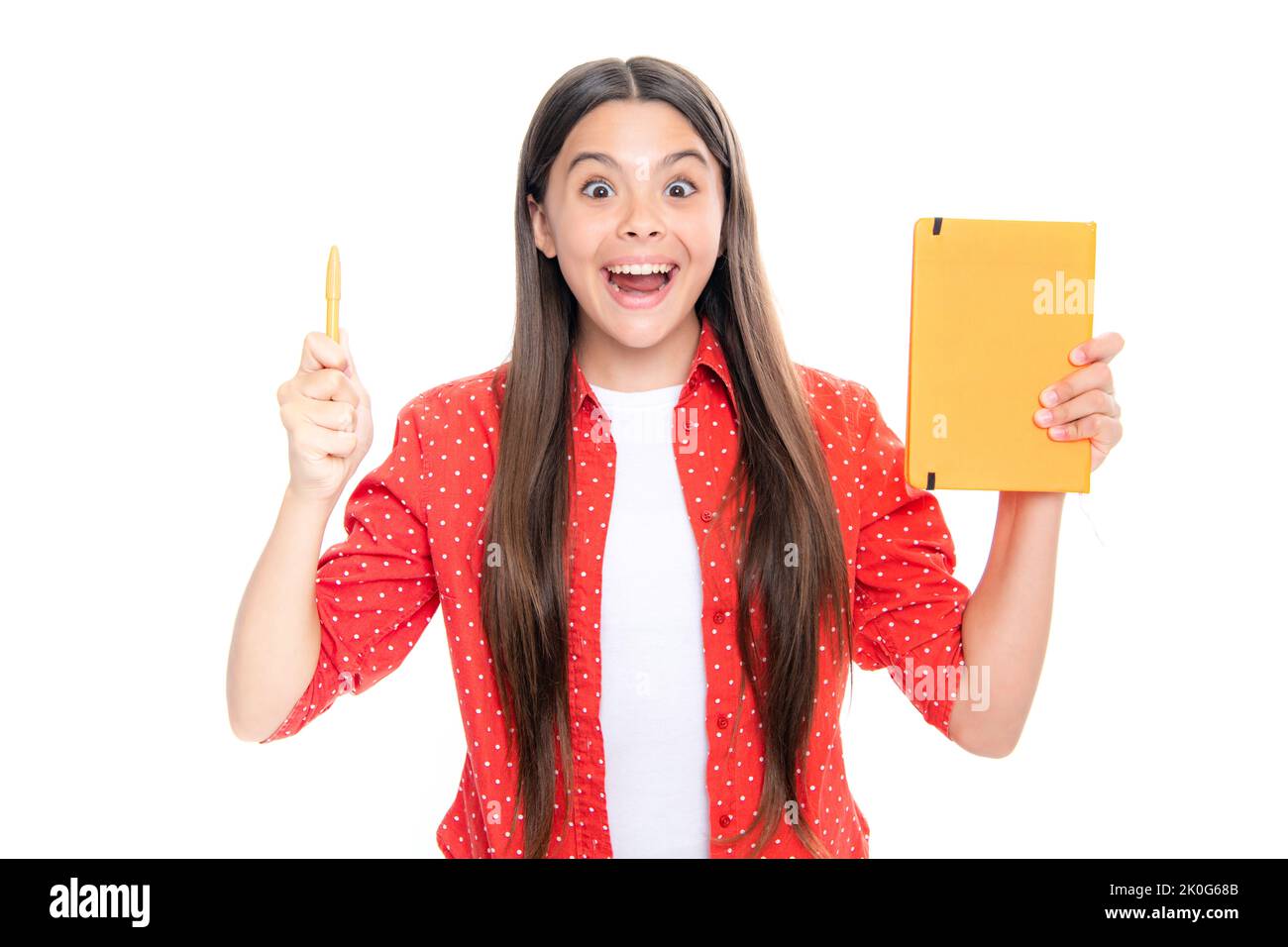 Schoolgirl with copy book posing on isolated background. Literature ...
