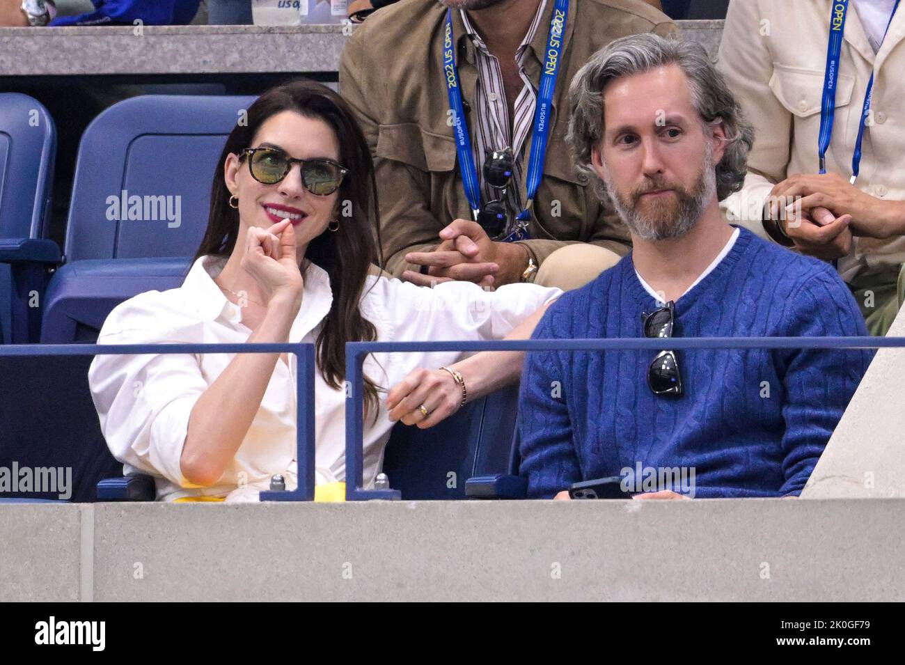 New York, USA. 11th Sep, 2022. Anne Hathaway and Adam Shulman watch the ...