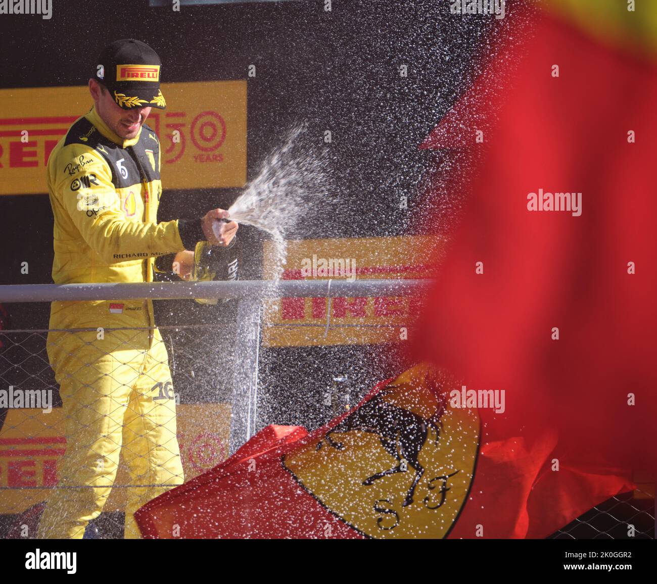 Monza, Italy. 11th Sep, 2022. Charles Leclerc of Ferrari sprays ...
