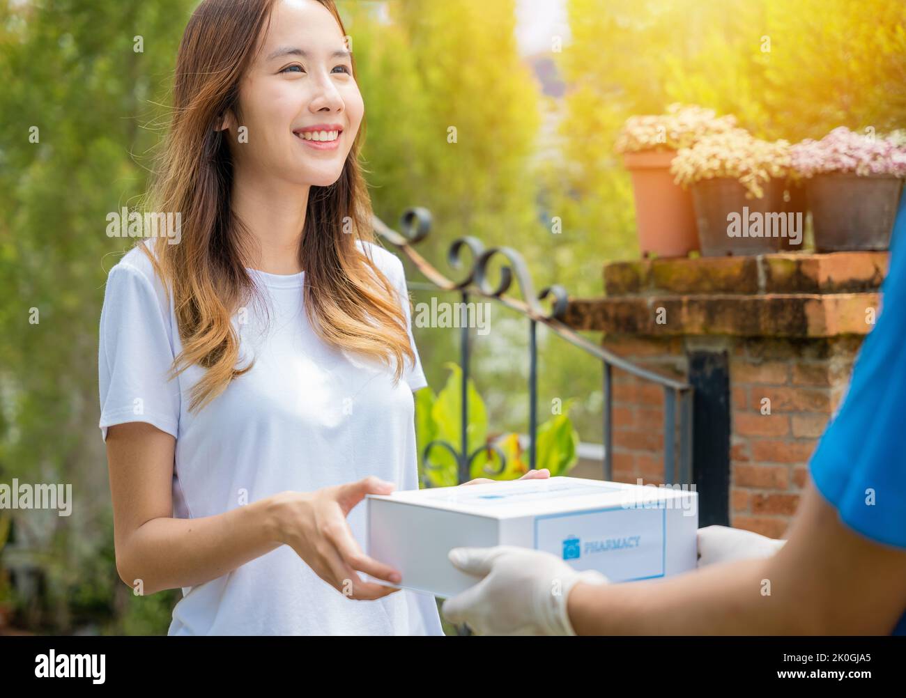 Asian woman sick she receive medication first aid pharmacy box hospital ...