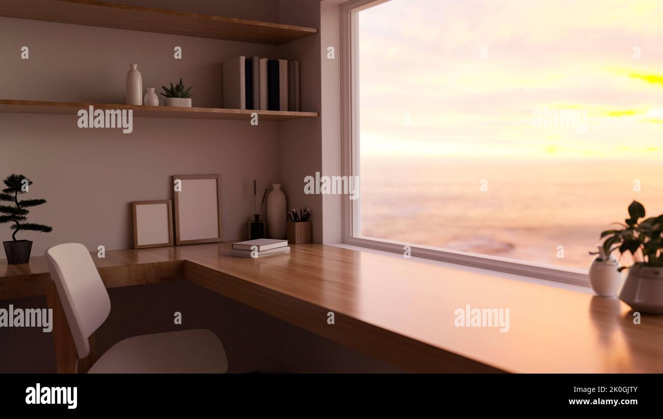 Modern luxury comfortable beach house working room interior design with ...