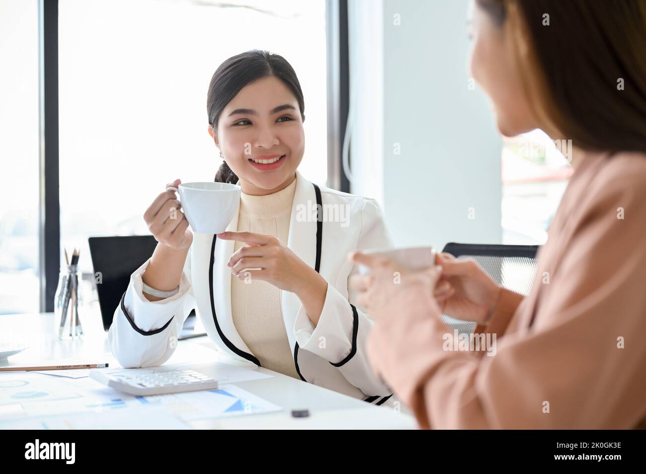 Gorgeous young Asian female boss or marketing manager having a good ...