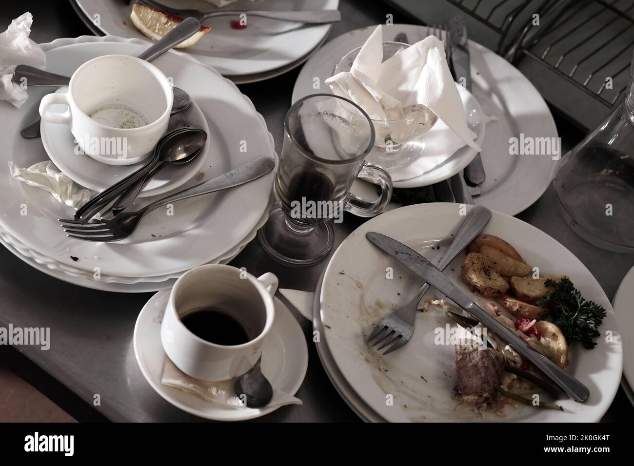 Dirty plates and glasses after a meal in the kitchen in the restaurant ...