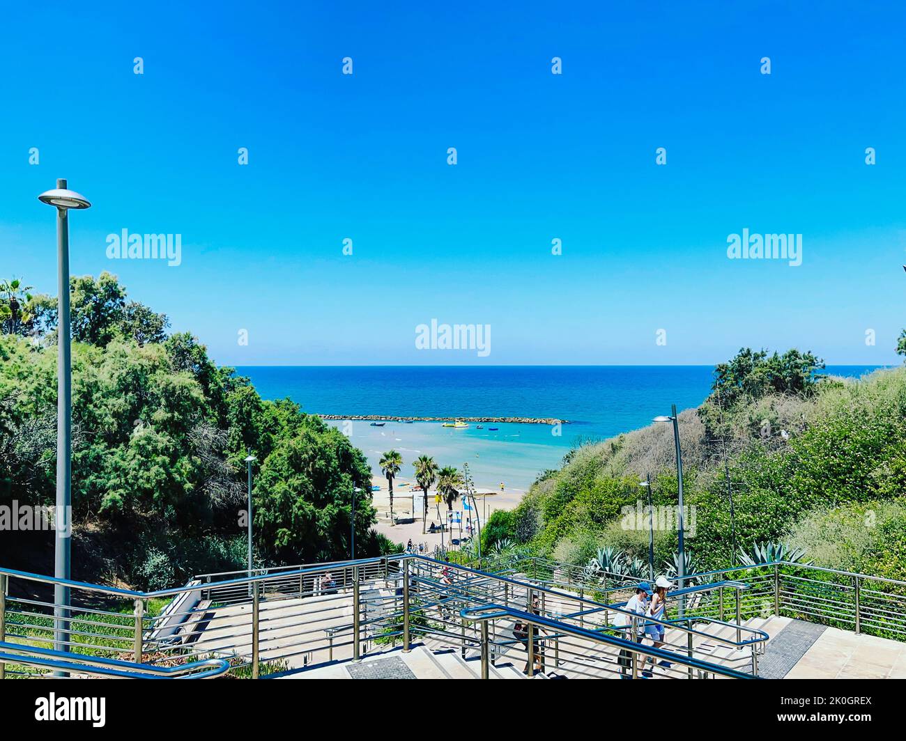View of the sea and the skyline from the promenade in Netanya in Israel ...