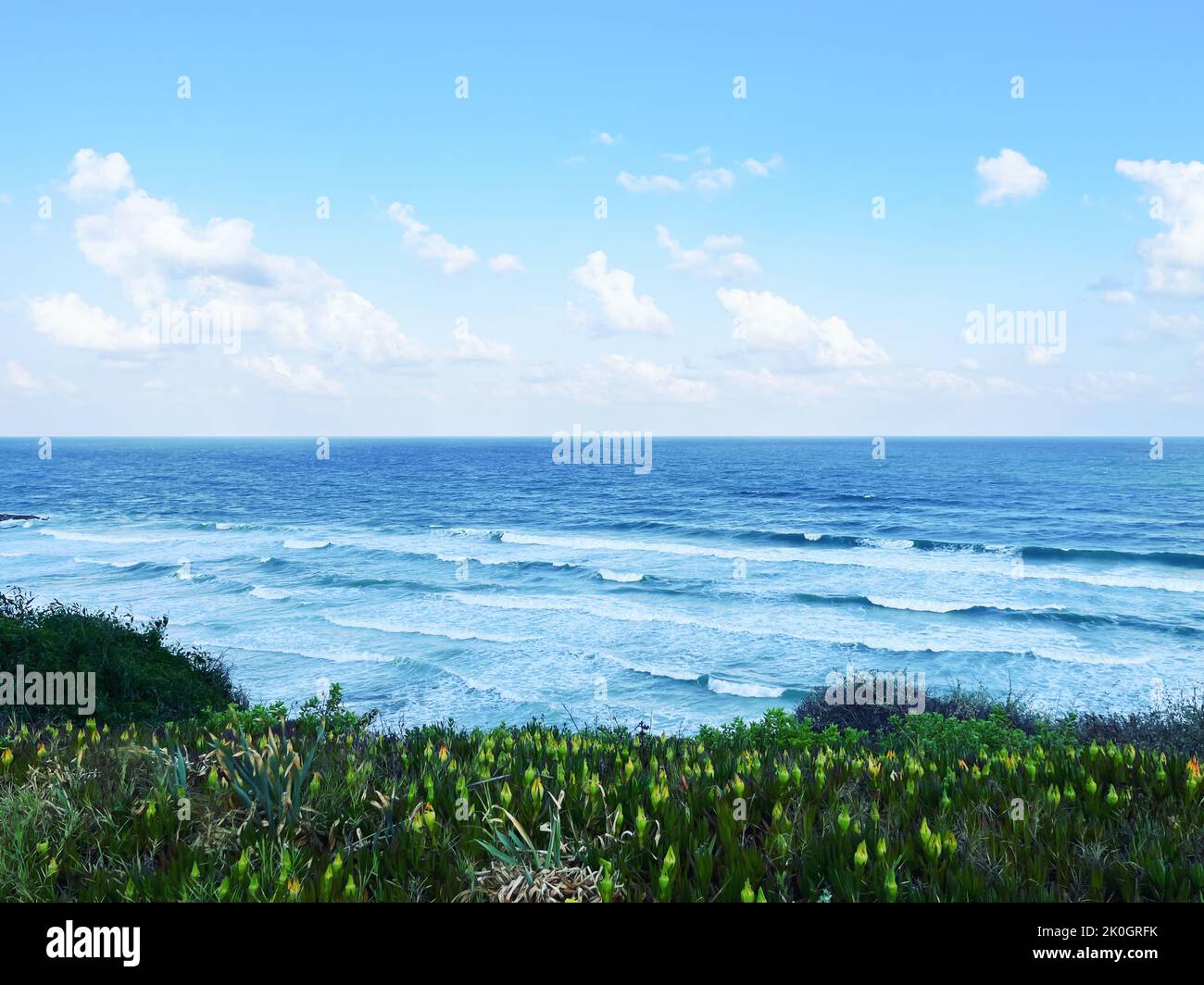View of the sea and the skyline from the promenade in Netanya in Israel ...